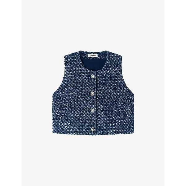Sandro Cropped Sequin-embellished Cotton Top - Navy Blue