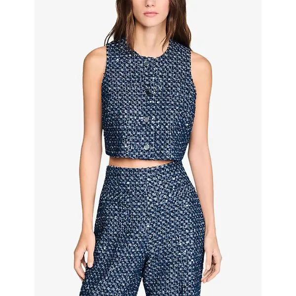 Sandro Cropped Sequin-embellished Cotton Top