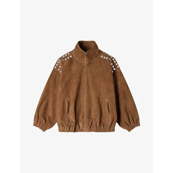 Sandro Studded Relaxed-fit Suede Jacket - Camel
