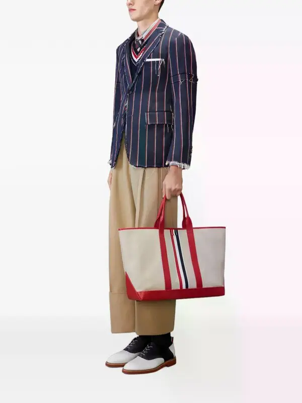 Thom Browne Stripe Leather Handles Tote - Neutrals