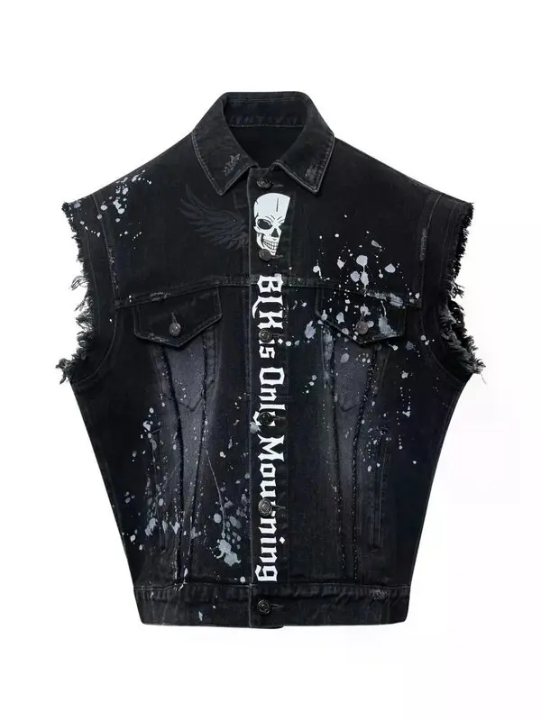 ORDINARY COUTURE CODE Skull Biker Denim Vest - Black