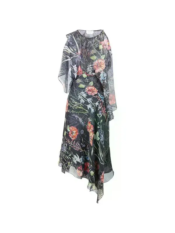 Alexander McQueen Asymmetrical Flower-print Midi Dress - Black
