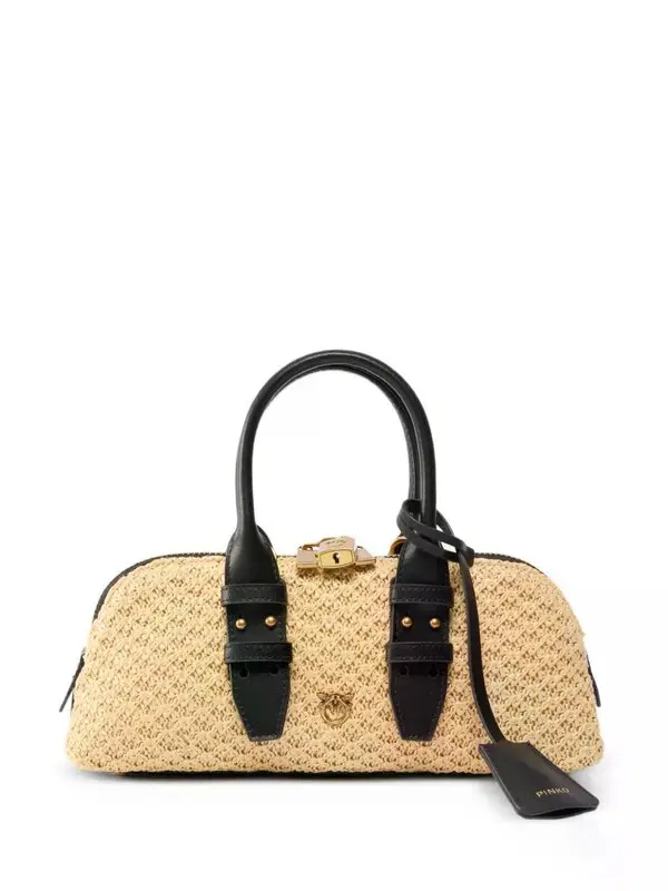 Pinko Small Escape Tote Bag In Woven Raffia With Leather Accents