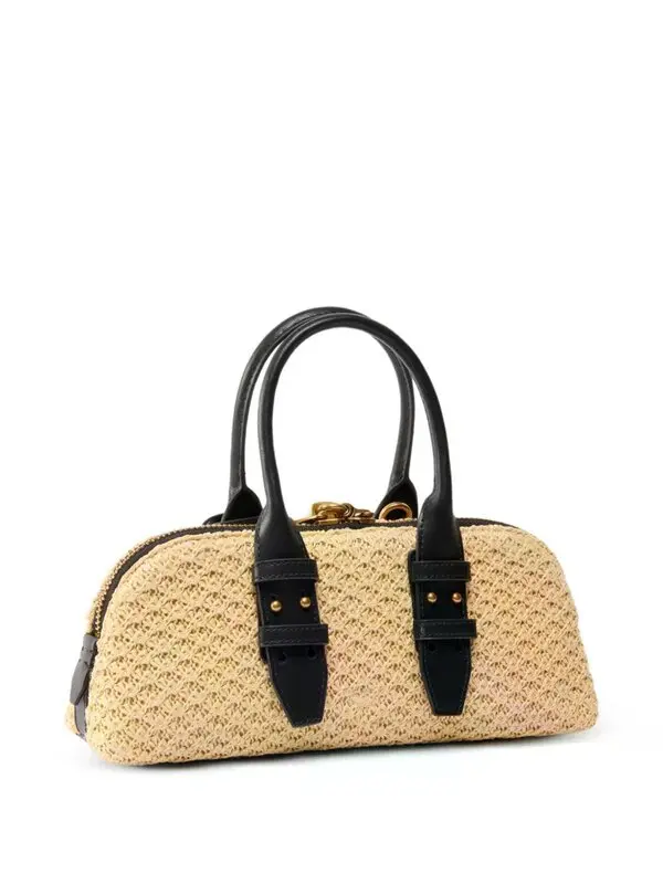 Pinko Small Escape Tote Bag In Woven Raffia With Leather Accents