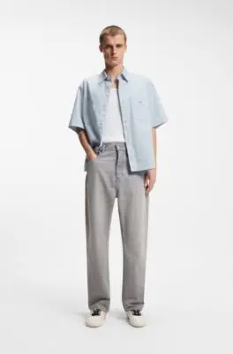 Hugo Oversize-fit Shirt In Slub Cotton With Patch Pockets - Light Blue