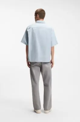 Hugo Oversize-fit Shirt In Slub Cotton With Patch Pockets - Light Blue