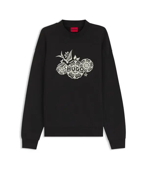 Hugo Cotton-terry Sweatshirt With Embroidered Logo Artwork - Black