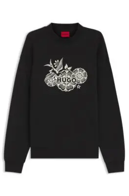 Hugo Cotton-terry Sweatshirt With Embroidered Logo Artwork - Black