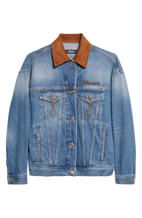 Versace Suede Trim Stonewash Denim Trucker Jacket - Medium Blue