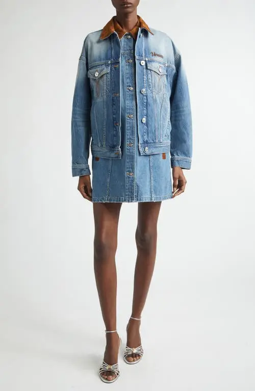 Versace Suede Trim Denim Trucker Jacket - Medium Blue