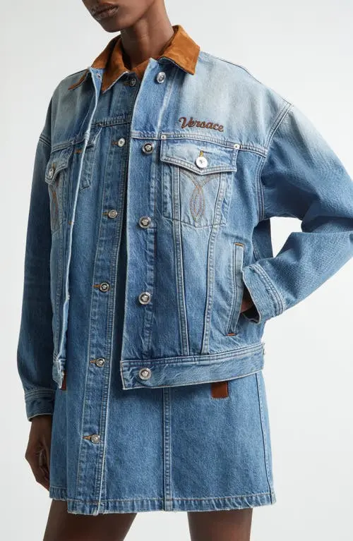 Versace Suede Trim Denim Trucker Jacket - Medium Blue