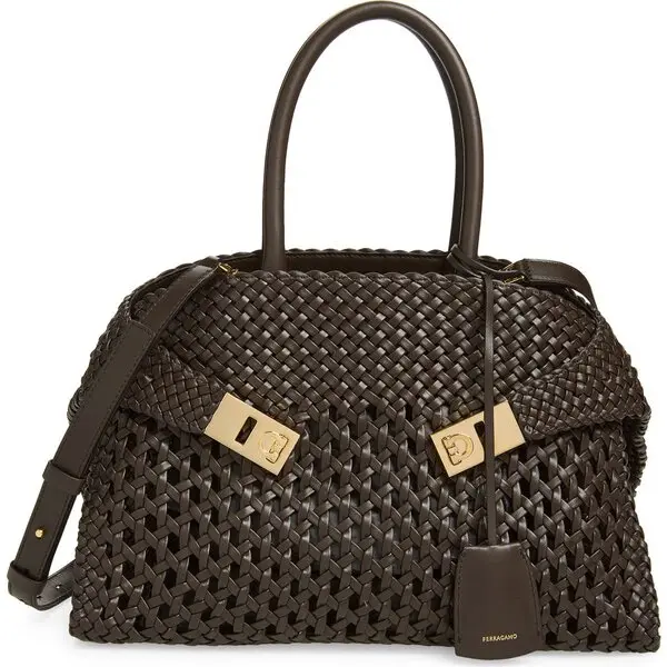 FERRAGAMO Small Hug Woven Leather Top Handle Bag - Testa Di Moro