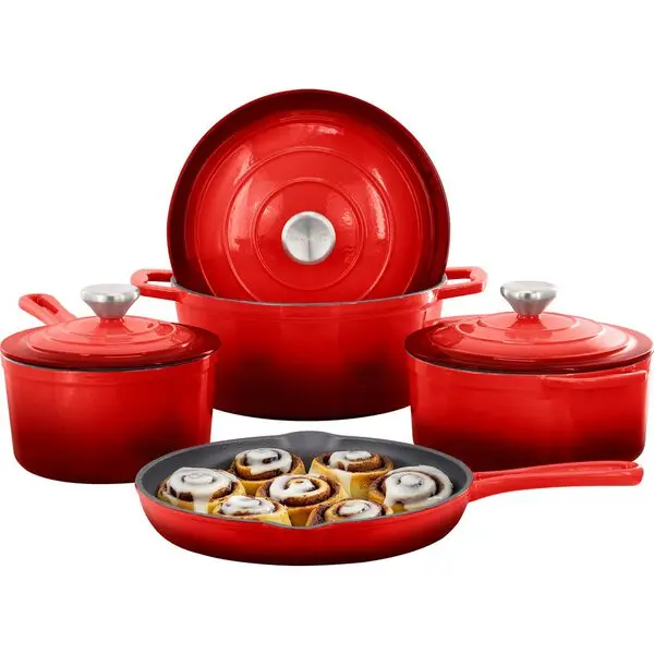 MEGACHEF 7 Piece Enameled Cast Iron Cookware Set - Red
