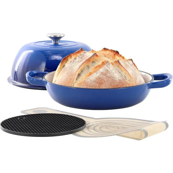 MEGACHEF 6 Quart Enameled Cast Iron Bread Pot With Baking Mat - Blue
