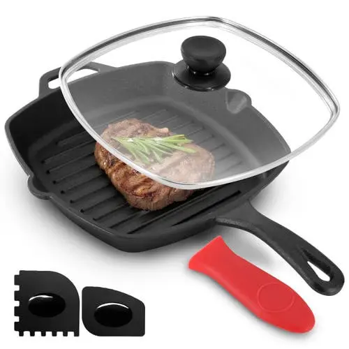 MEGACHEF 10.4 Inch Pre-seasoned Cast Iron Griddle With Tempered Glass Lid - Black