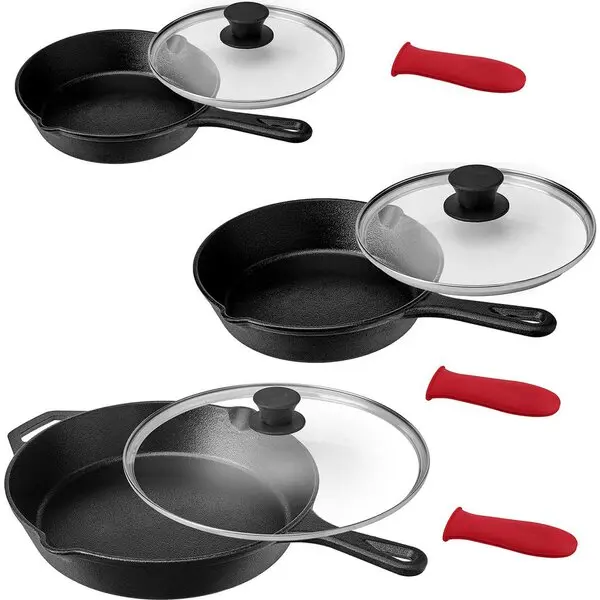 MEGACHEF Pre-seasoned 9 Piece Cast Iron Skillet Set With Lids And Silicone Holder - Black