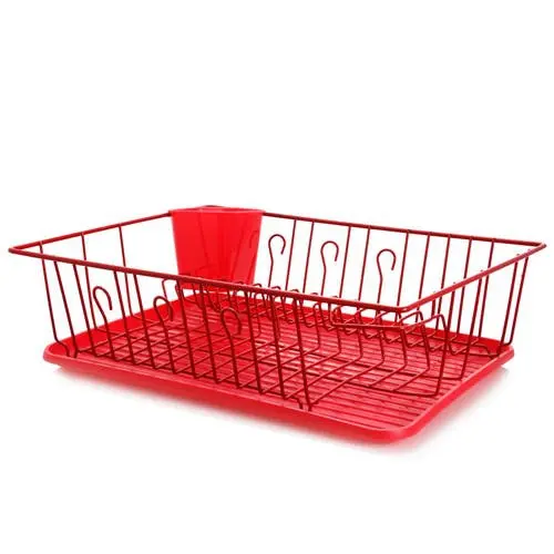 MEGACHEF 17.5 Inch Dish Rack With 14 Plate Positioners And A Detachable Utensil Holder - Red