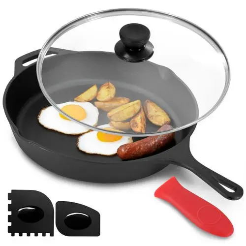 MEGACHEF 12 Inch Pre-seasoned Cast Iron Skillet With Tempered Glass Lid - Black