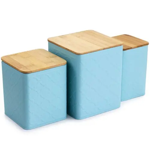 MEGACHEF 3 Piece Square Iron Kitchen Canister Set With Wood Lids