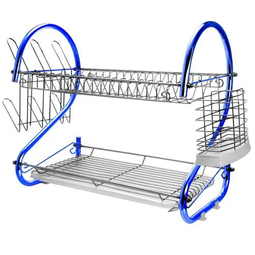 MEGACHEF 16 Inch Two Shelf Iron Wire Dish Rack - Blue