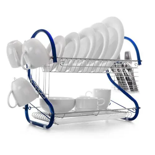 MEGACHEF 16 Inch Two Shelf Iron Wire Dish Rack - Blue