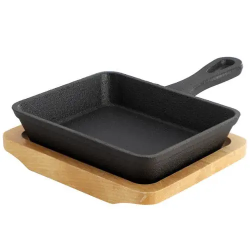MEGACHEF Mini Cast Iron Square Pan With Wood Tray - Black