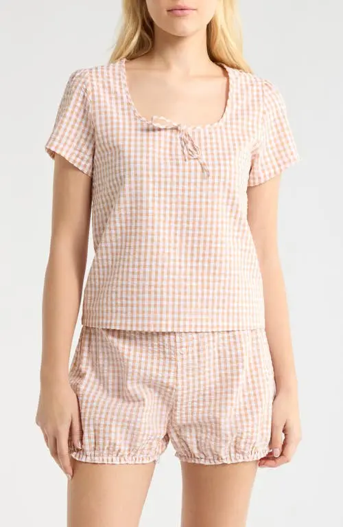 French Connection Gingham Seersucker Bloomer Short Pajamas - Tan Combo