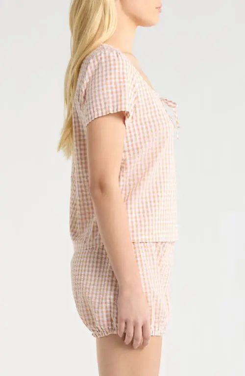 French Connection Gingham Seersucker Bloomer Short Pajamas - Tan Combo