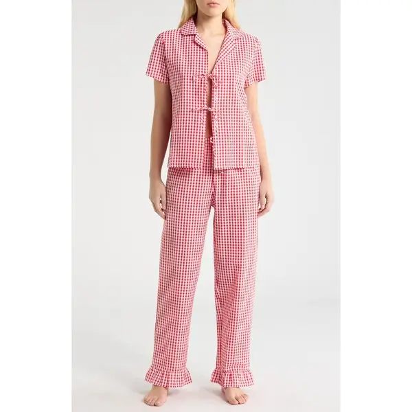 French Connection Gingham Seersucker Pajamas - Red Combo