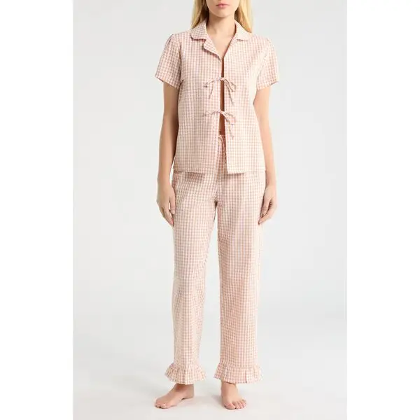 French Connection Gingham Seersucker Pajamas - Tan Combo