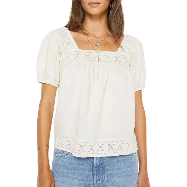 MOTHER The Memory Lane Embroidered Trim Puff Sleeve Top - Early Bird