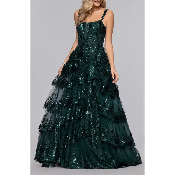 BLONDIE NITES Sequin Tiered Ruffle Ballgown - Hunter