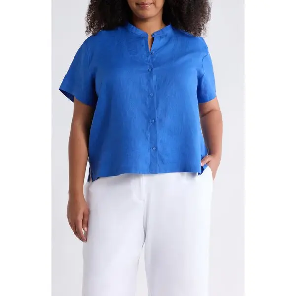 Eileen Fisher Mandarin Collar Short Sleeve Organic Linen Button-up Shirt - Sapphire