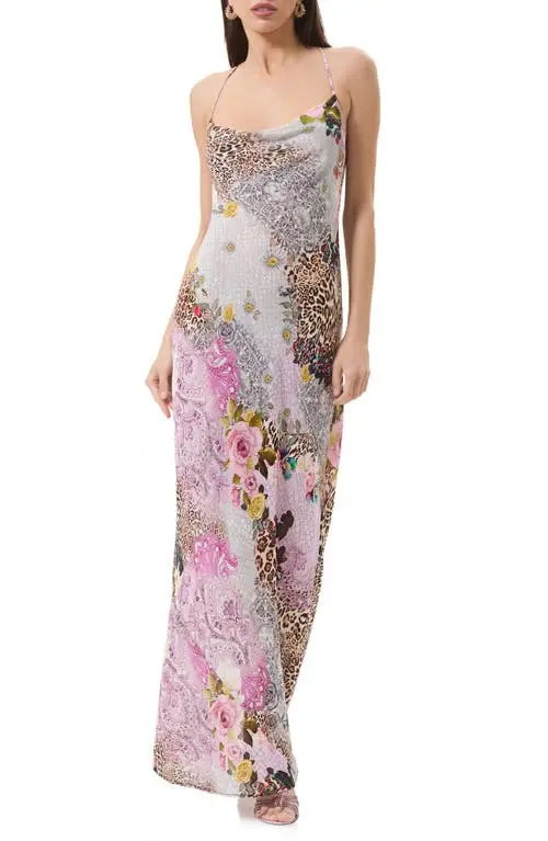 AFRM Izel Mix Print Maxi Slip Dress With Removable Cape