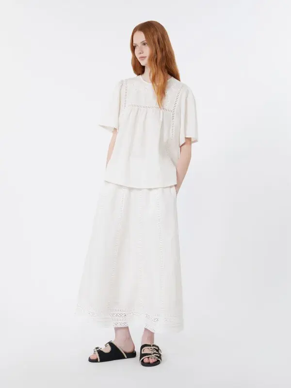Max Mara Linen Midi Skirt With Embroidery - Ecru