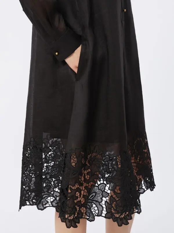 Max Mara Embroidered Ramie Gauze Midi Shirt Dress - Black