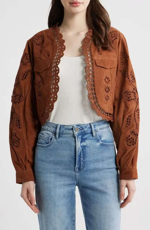 Farm Rio Richilieu Embroidered Leather Crop Jacket - Caramel