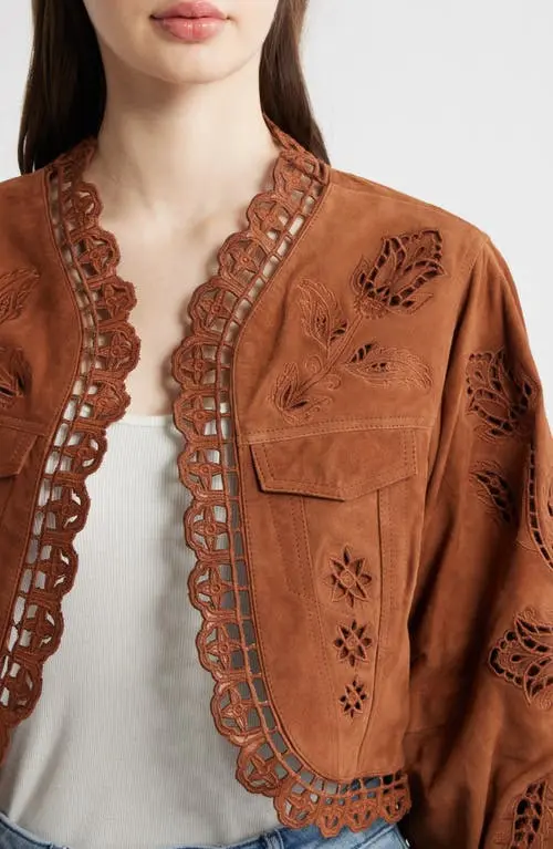 Farm Rio Richilieu Embroidered Leather Crop Jacket