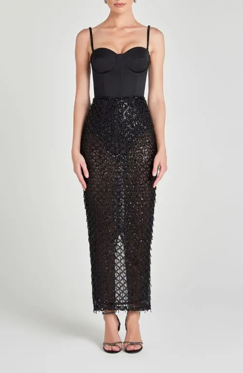 NADINE MERABI Valentina Mixed Media Beaded Bustier Gown - Black