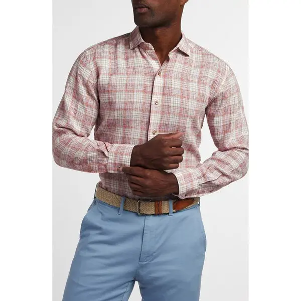 David Donahue Linen Check Sport Shirt - Red/multi