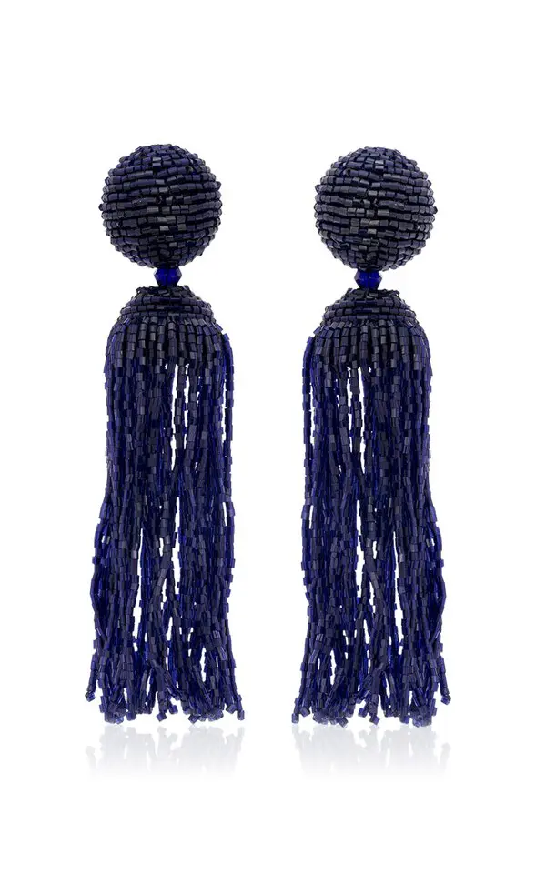Oscar De La Renta Metallic Beaded Tassel Earrings - Navy