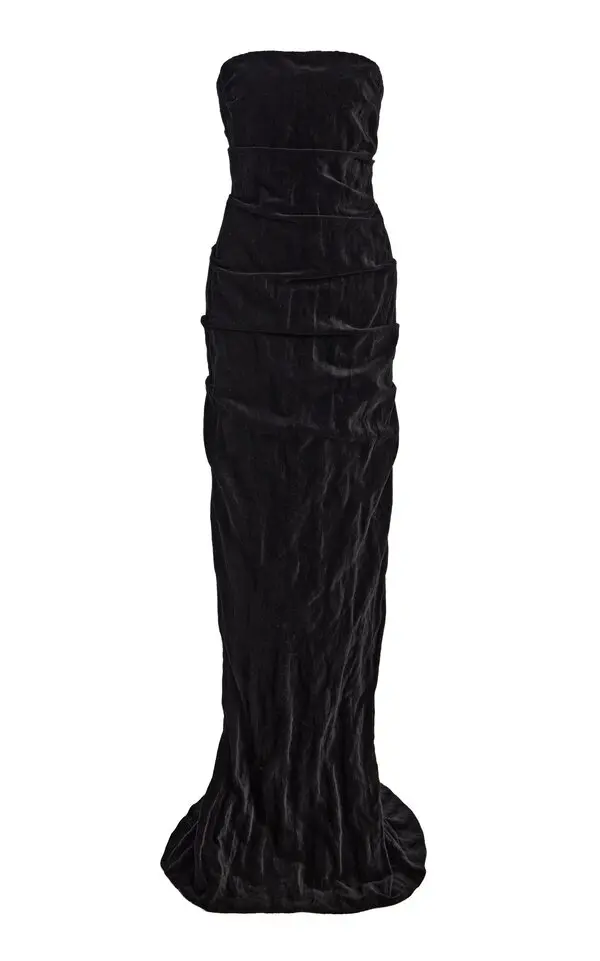 COLLEEN ALLEN Strapless Gathered Velvet Maxi Dress