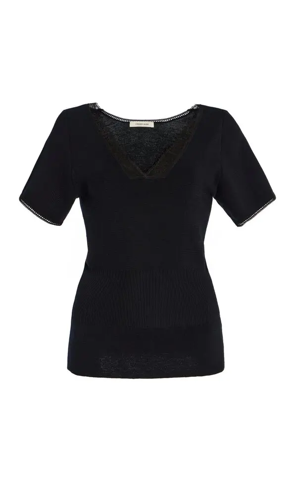 COLLEEN ALLEN Lace V-neck Merino Wool Tee - Black