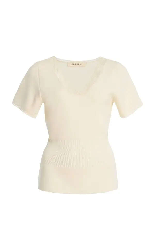 COLLEEN ALLEN Lace V-neck Merino Wool Tee - Ivory