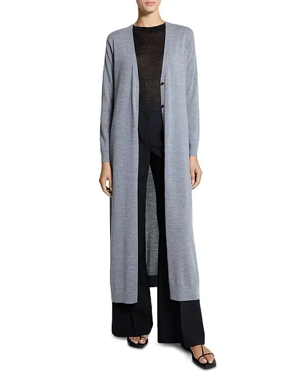 Theory Regal Long Merino Wool Cardigan Sweater - Light Heather Grey