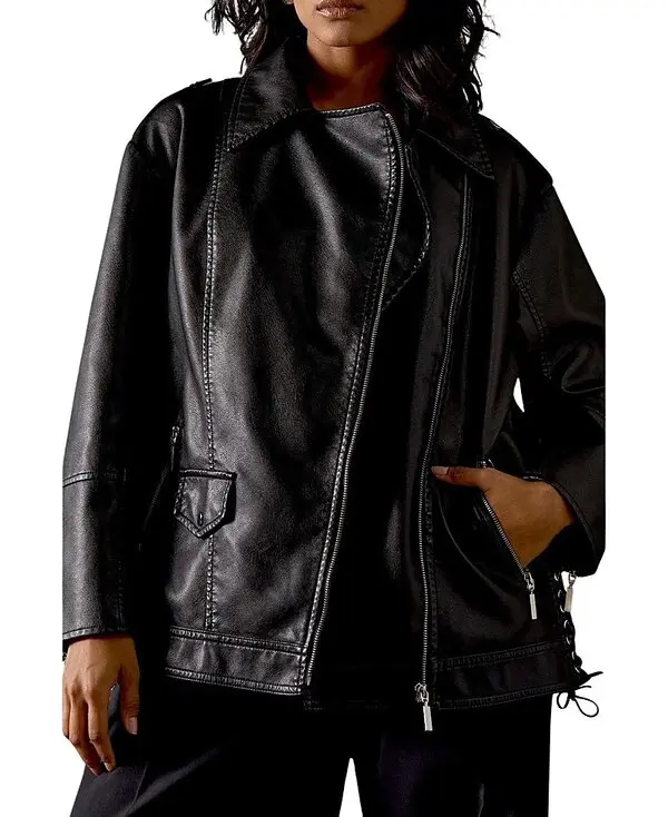 WAREHOUSE Oversized Whipstitch Leather Look Jacket - Black