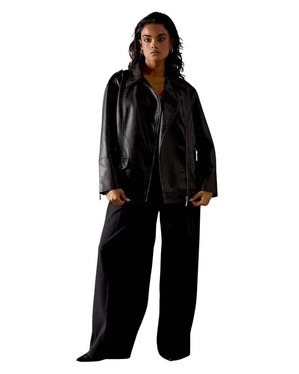 WAREHOUSE Oversized Whipstitch Leather Look Jacket - Black