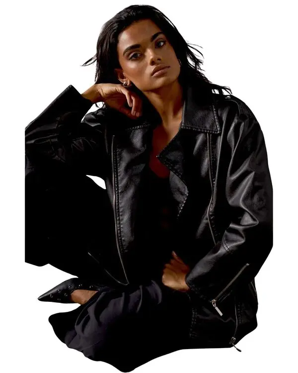 WAREHOUSE Oversized Whipstitch Leather Look Jacket - Black