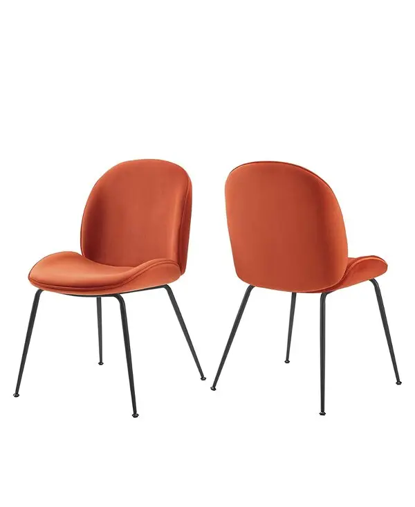MODWAY Scoop Black Powder Coated Steel Leg Performance Velvet Dining Chairs, Set Of 2 - Orange