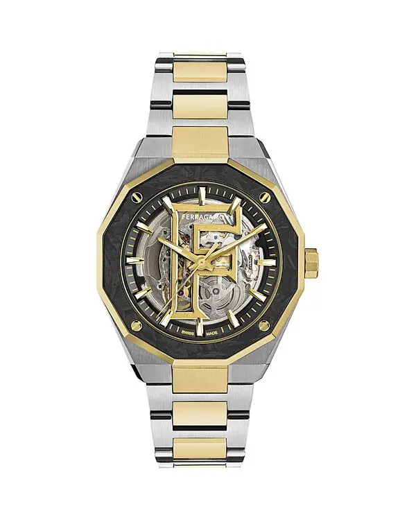 FERRAGAMO Edge Skeleton Automatic Watch, 42mm - Two Tone/black